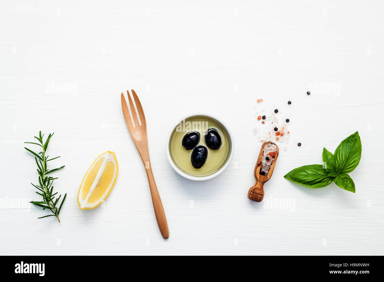 Sweet basil vinaigrette dressing ingredients on white wooden bac Stock ...