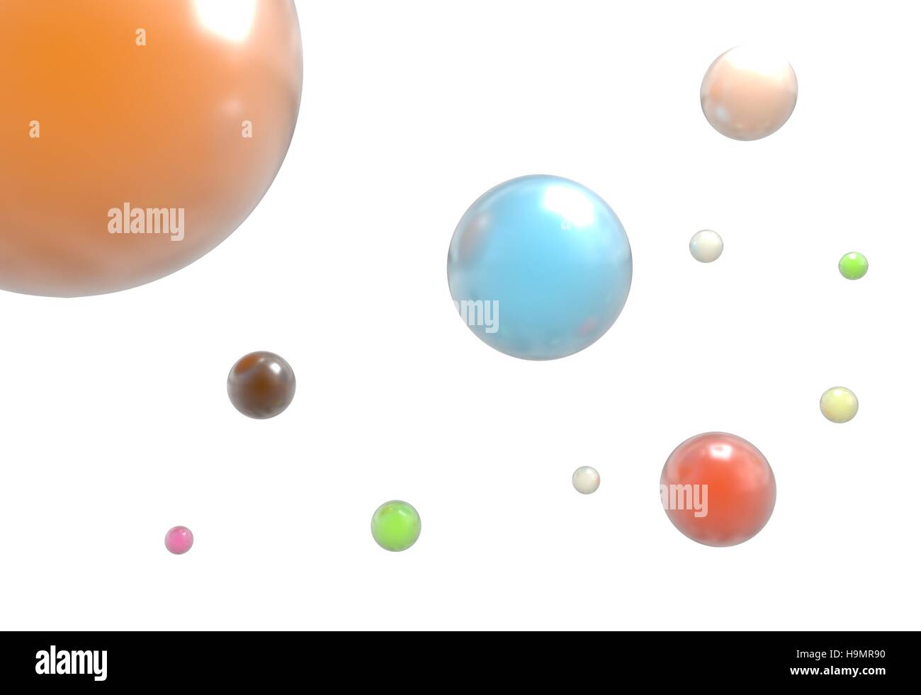 flying reflective colorful balls isolated on white 3d illustration ...