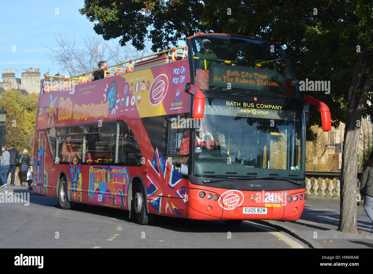 red open-top tour bus, Bath, Somerset, England Stock Photo - Alamy