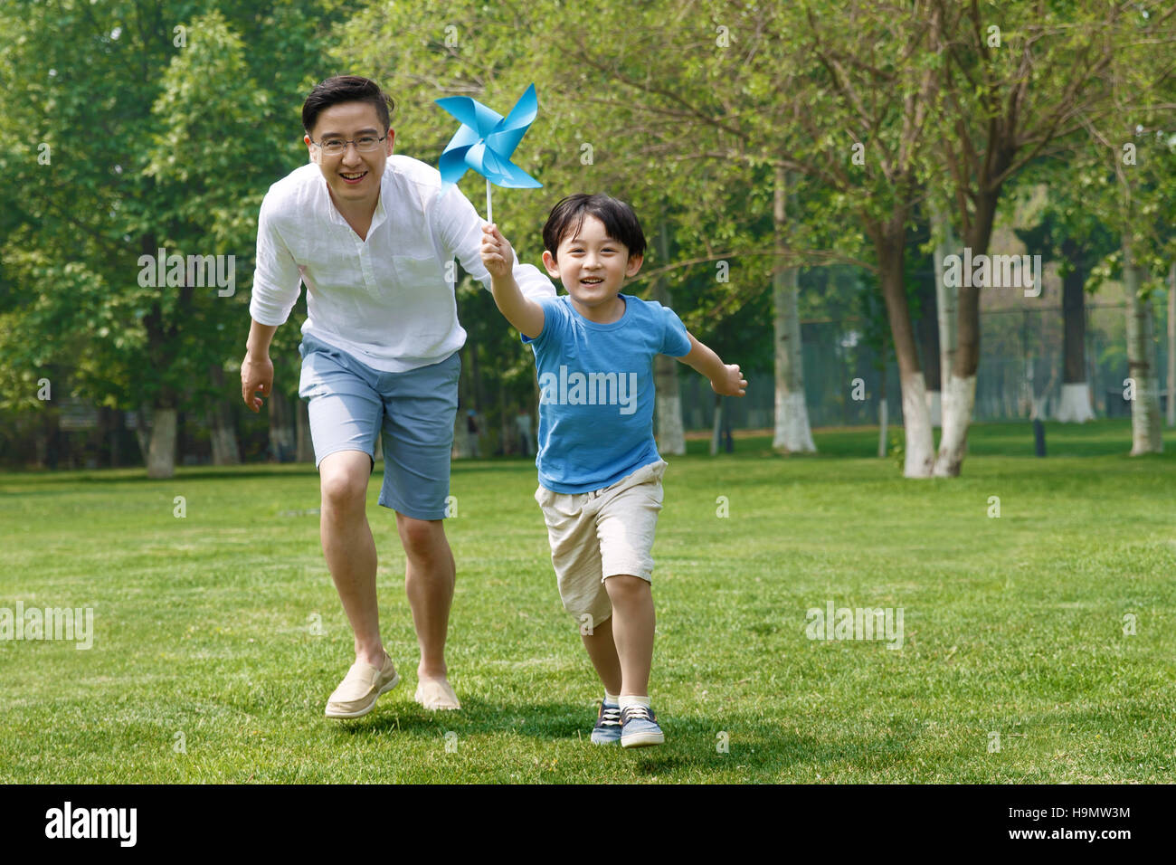 Happy father and son play on the grass Stock Photo - Alamy