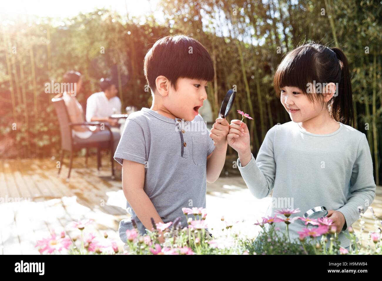 Two children playing in the yard Stock Photo - Alamy