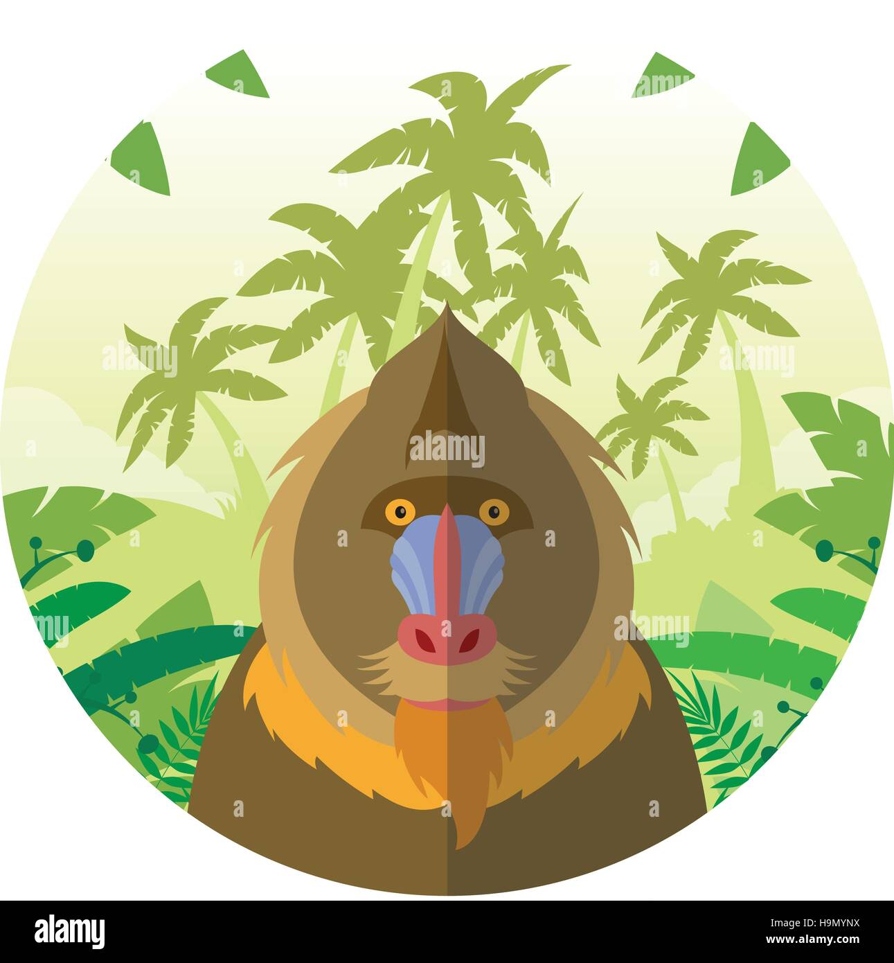 Flat Vector image of the Mandrill on the Jungle Background Stock Vector ...