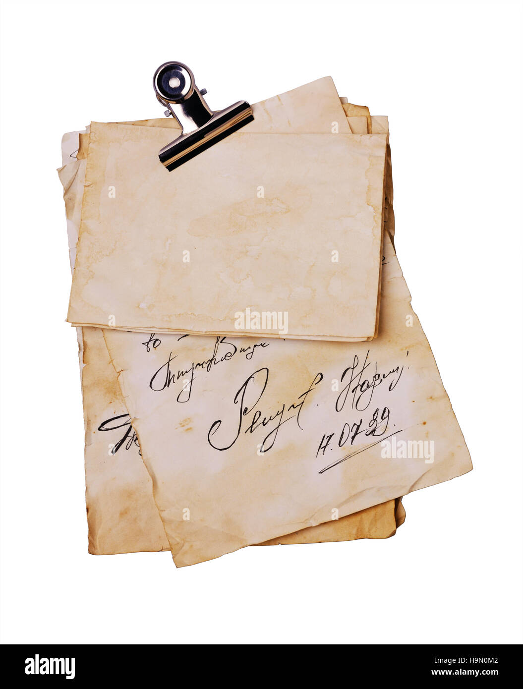 Old letter and blank paper sheets with binder isolated on white Stock ...