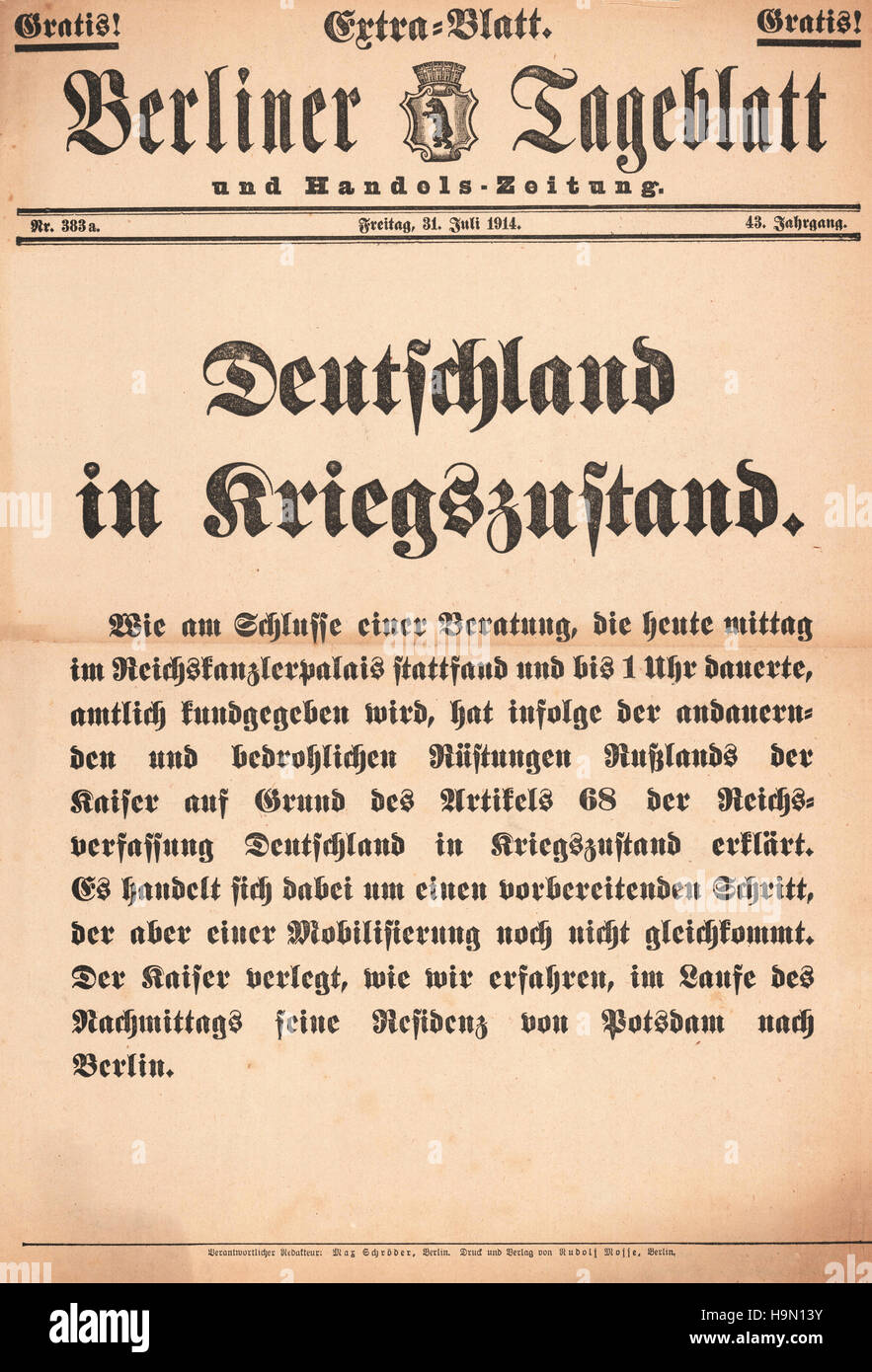 1914 Berliner Tageblatt Germany on war footing Stock Photo - Alamy 1914 Berliner Tageblatt Germany on war footing Stock Photo - Alamy