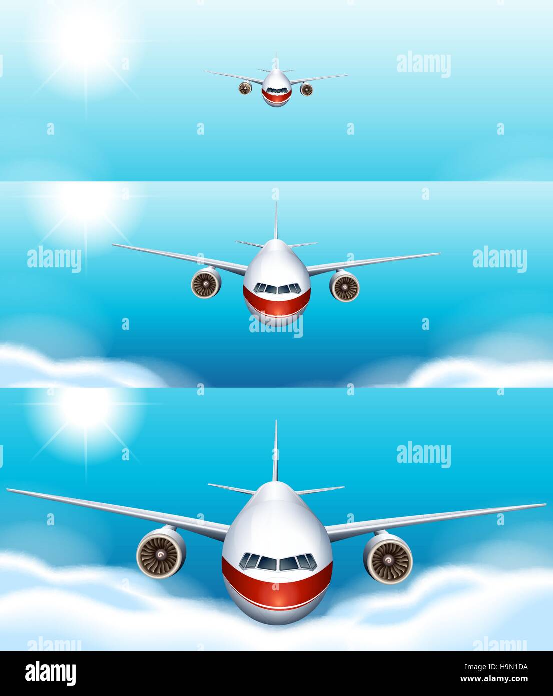 Three scenes of airplane flying in the sky illustration Stock Vector ...
