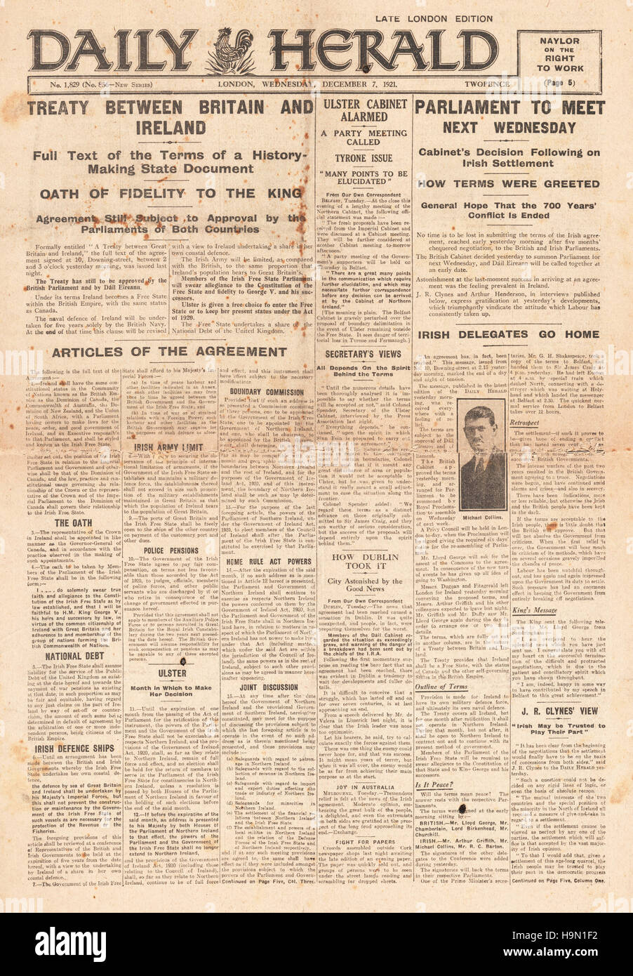 1921 Daily Herald front page Signing of the Anglo-Irish Treaty Stock ...