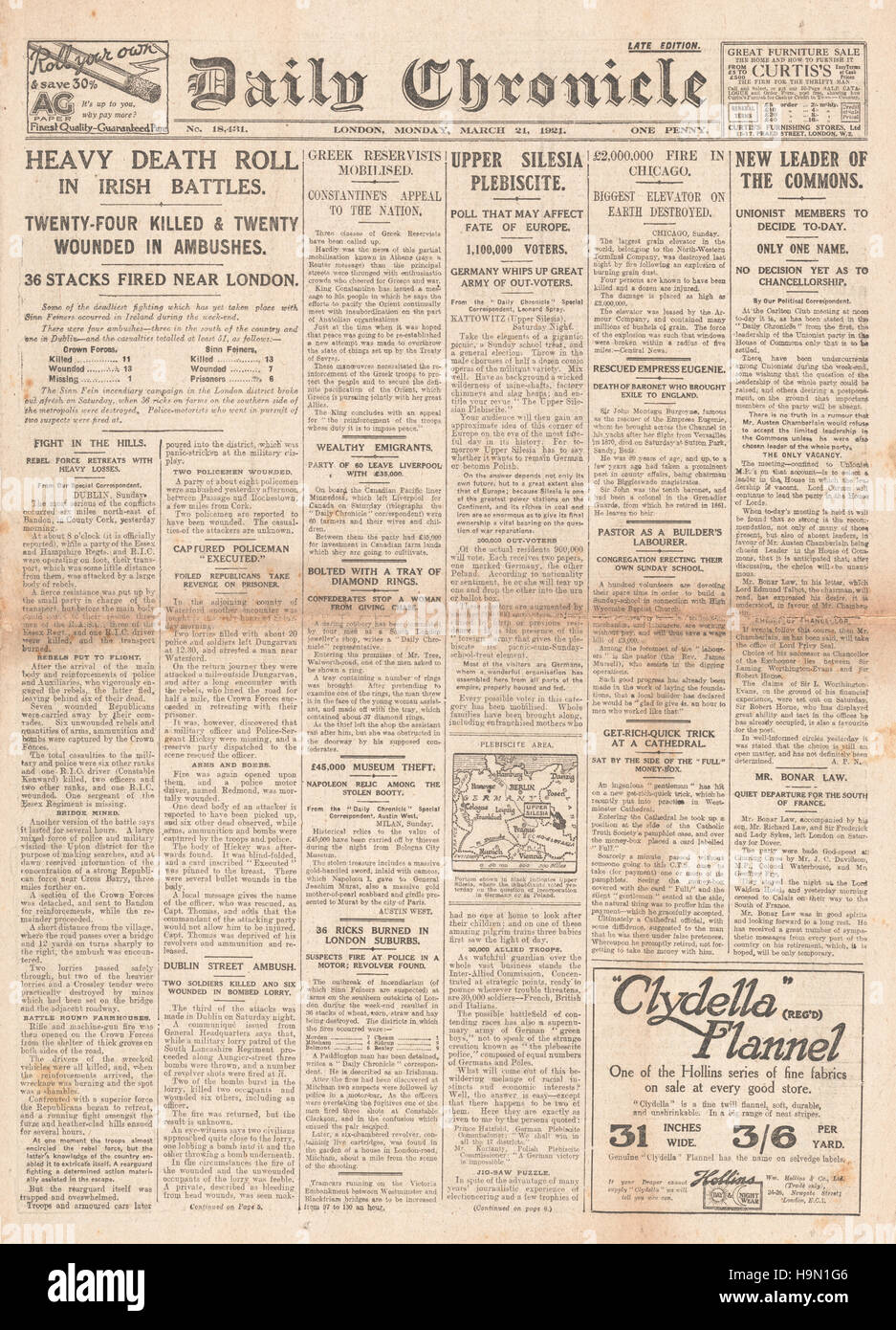 1921 Daily Chronicle front page Irish Civil War Stock Photo - Alamy