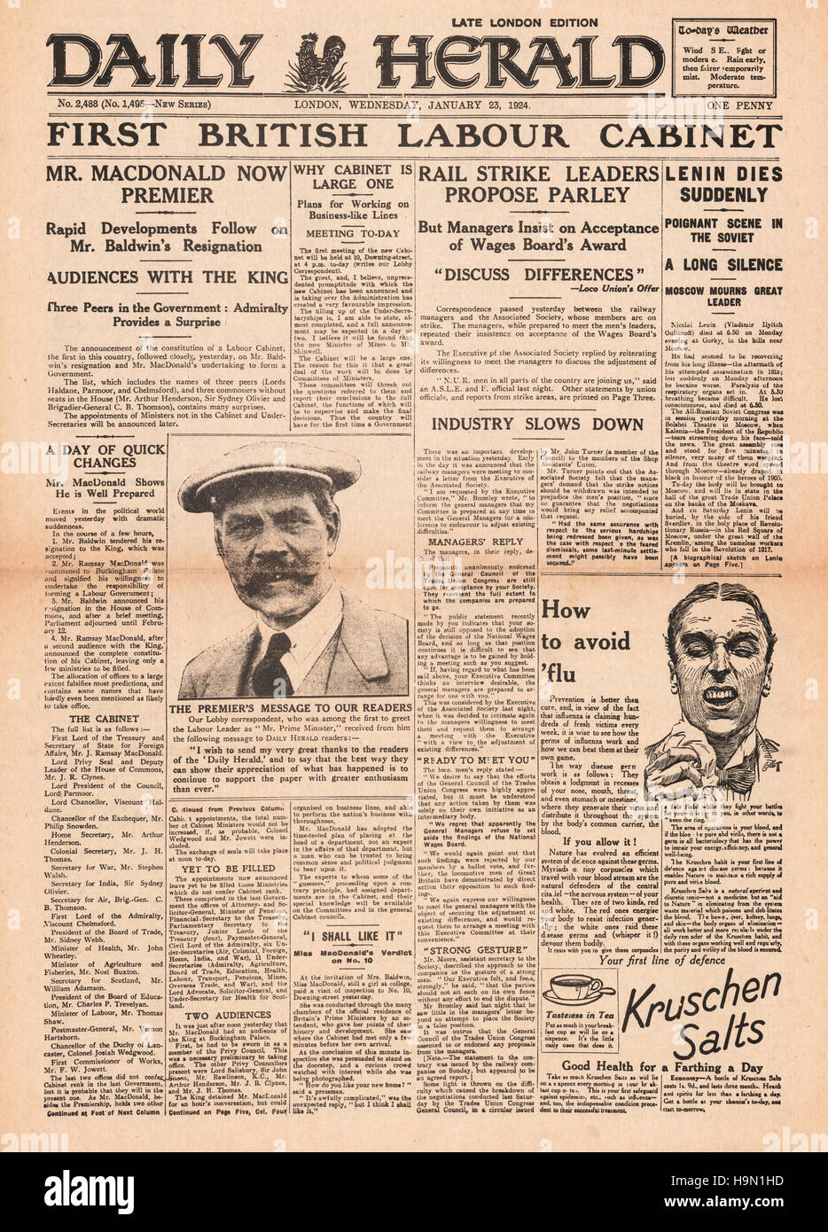 1924 Daily Herald front page First British Labour government Stock ...