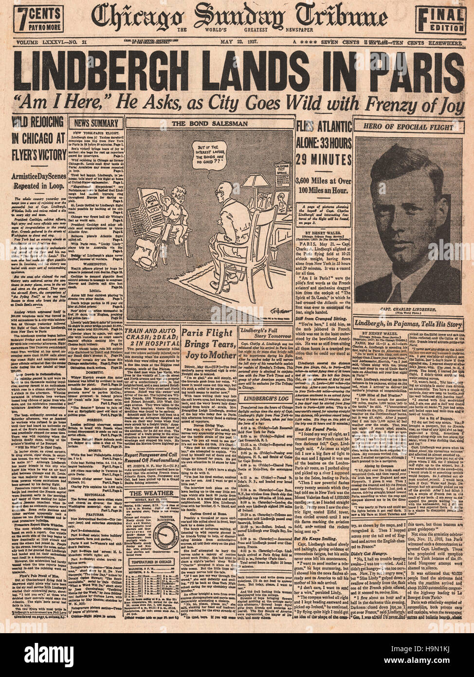 1927 Chicago Sunday Tribune front page Charles Lindbergh flies the ...