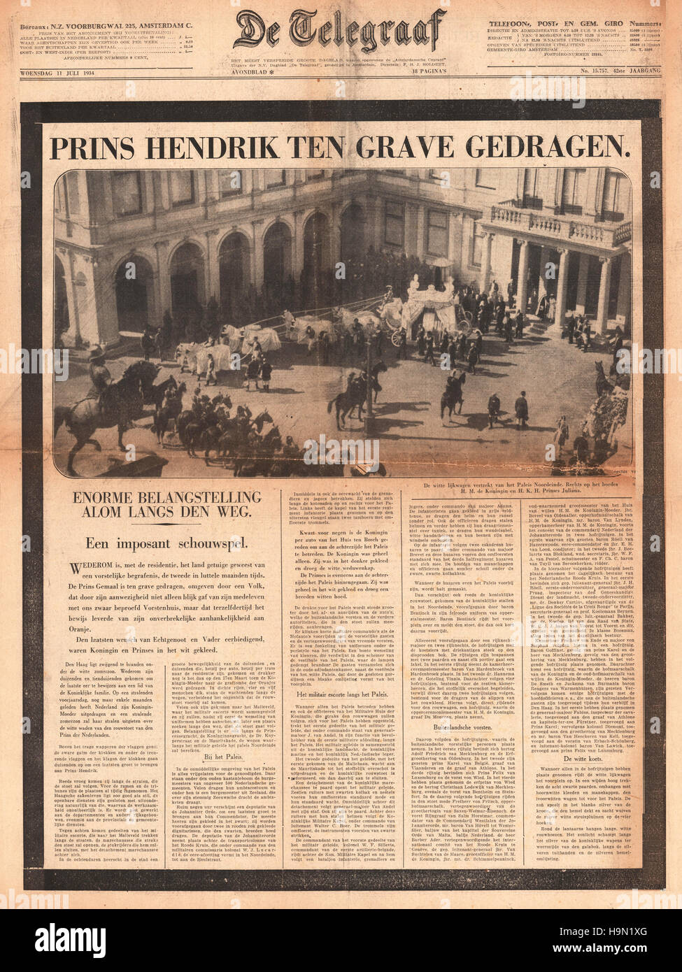 1934 De Telegraaf front page Death of Prince Henry of the Netherlands ...