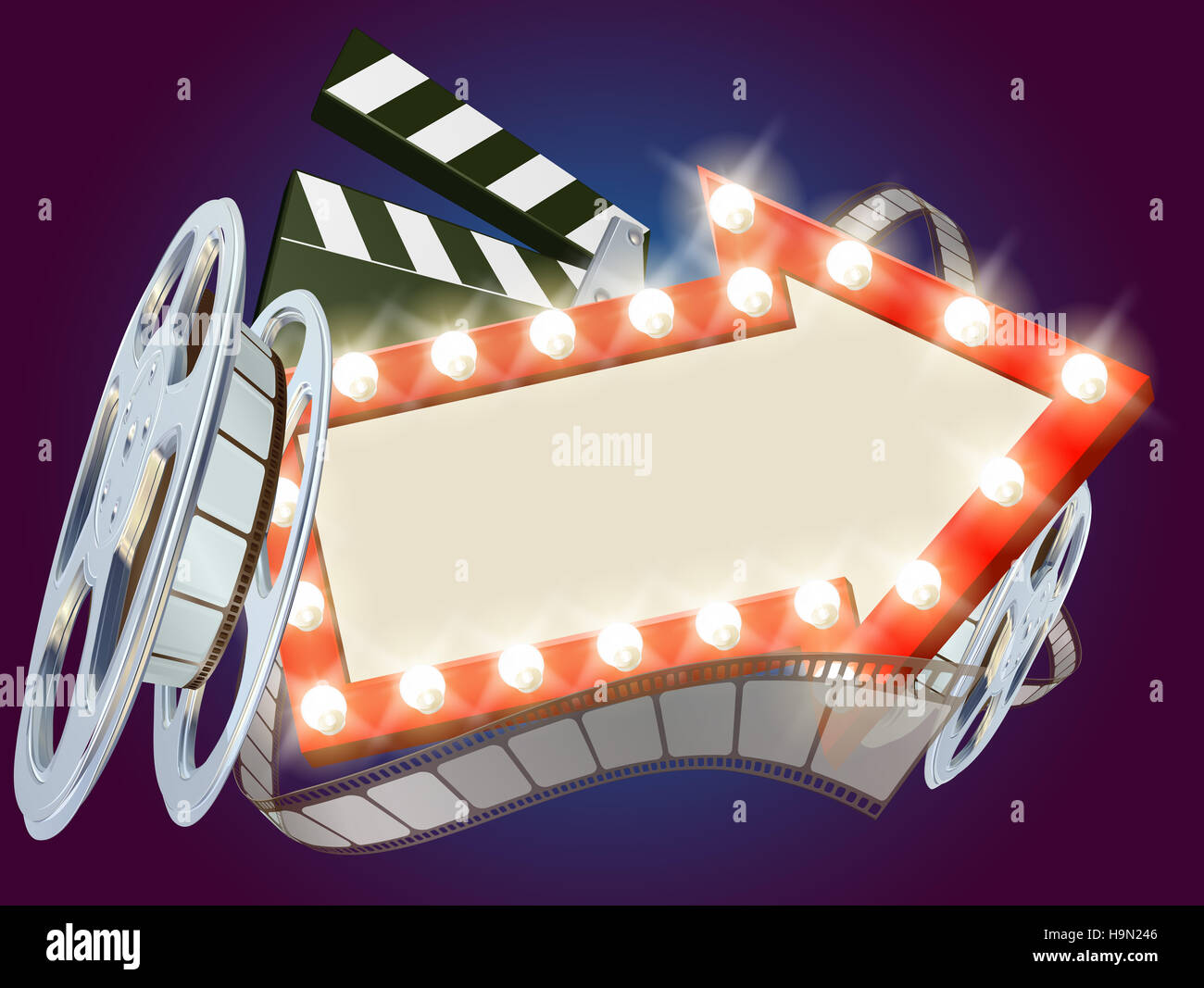 Movie cinema film sign with light bulbs arrow sign clapperboard and ...