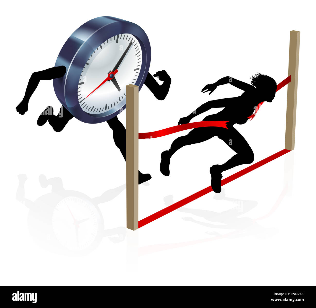 A woman racing against a clock character beating it to the finish line ...