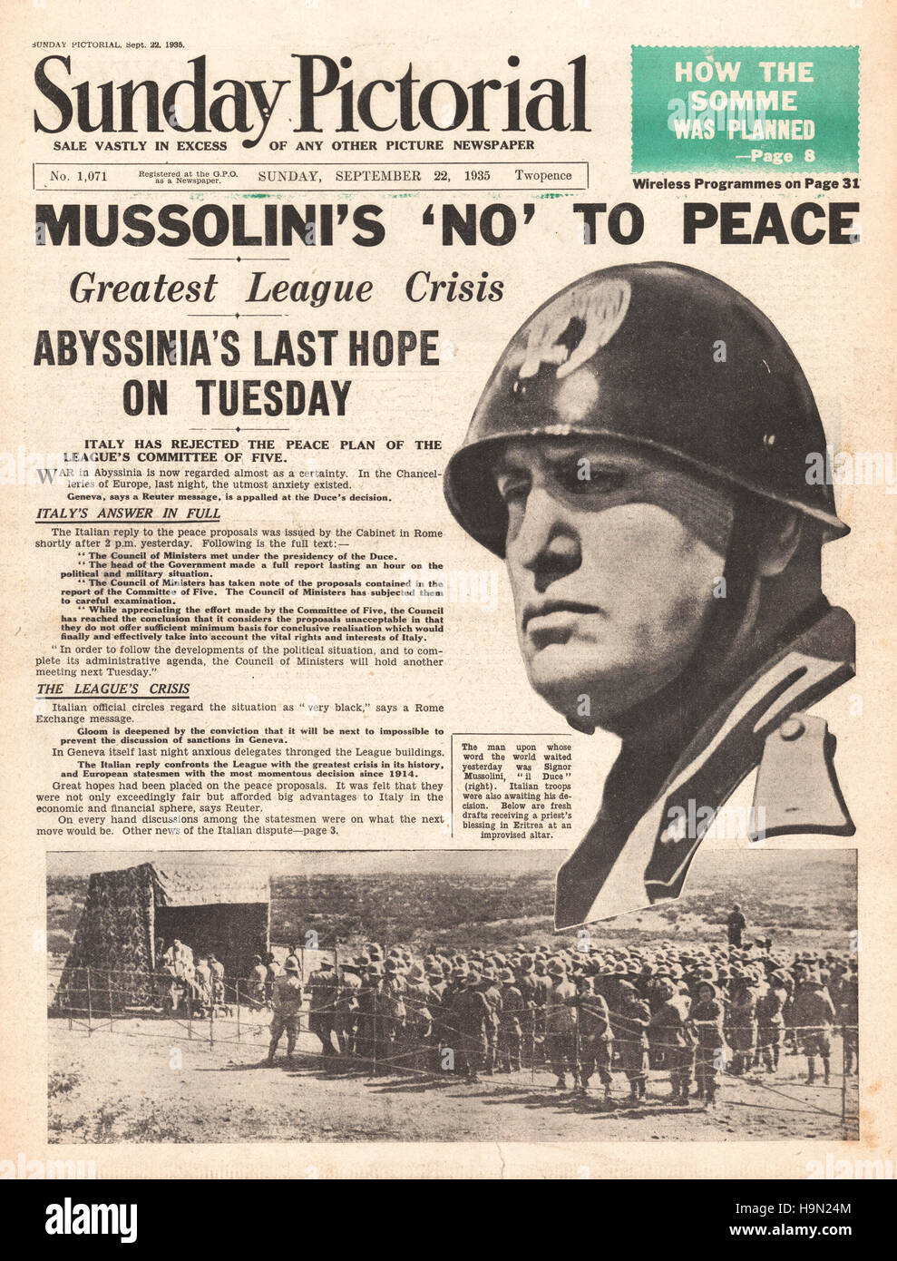 1936 Sunday Pictorial front page Italy at war with Abyssinia Stock ...