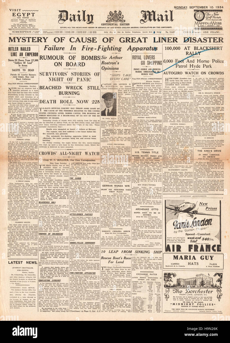 1934 Daily Mail front page reporting the passenger liner Morro Castle ...