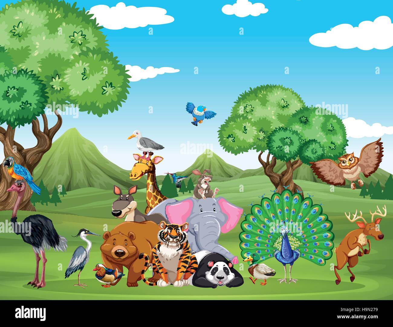 Forest scene with many wild animals illustration Stock Vector Image ...