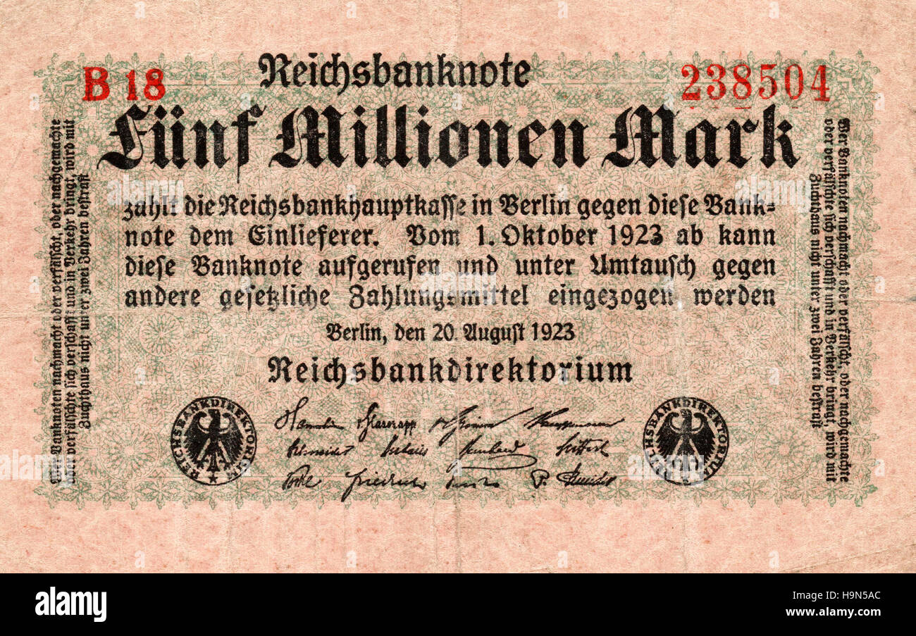 1923 Reichsbanknote Five million mark note Stock Photo - Alamy