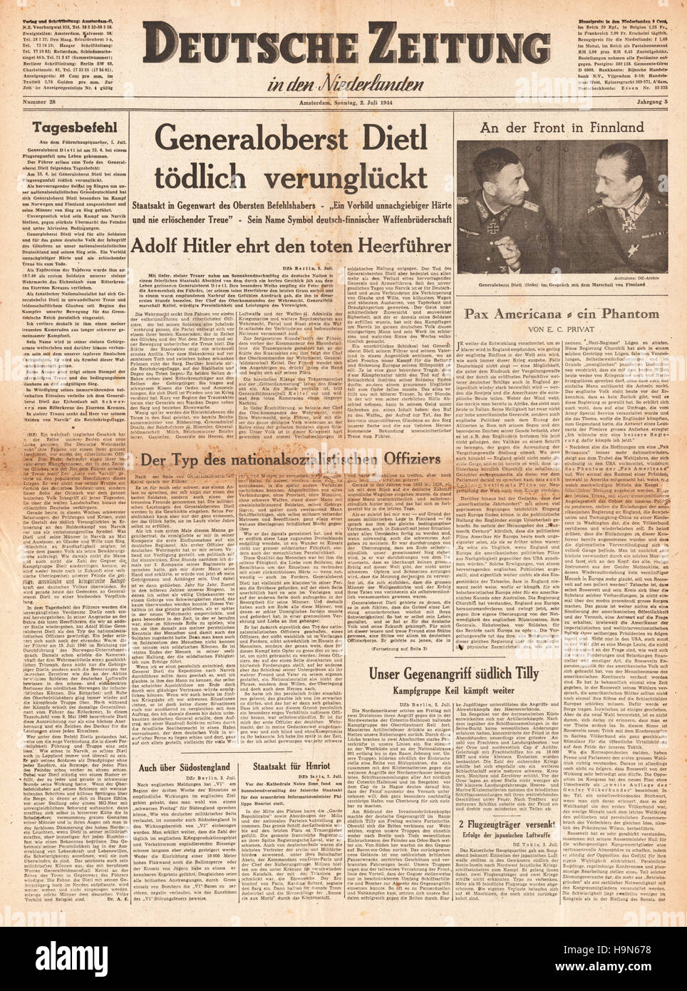 1944 Deutsche Zeitung front page Death of General Dietl Stock Photo - Alamy