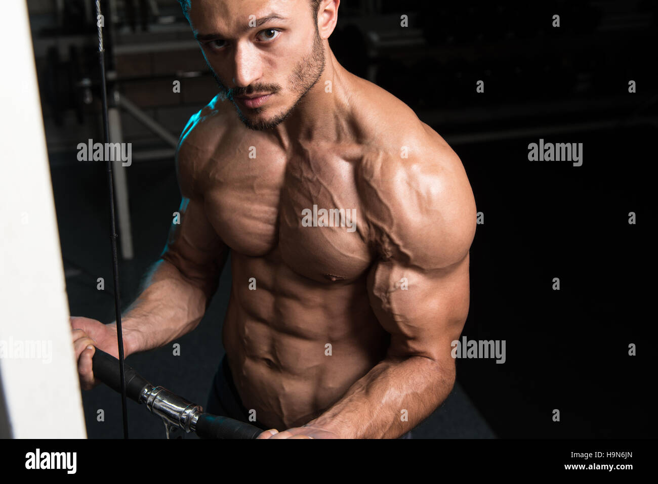 Handsome Muscular Fitness Bodybuilder Doing Heavy Weight Exercise For ...