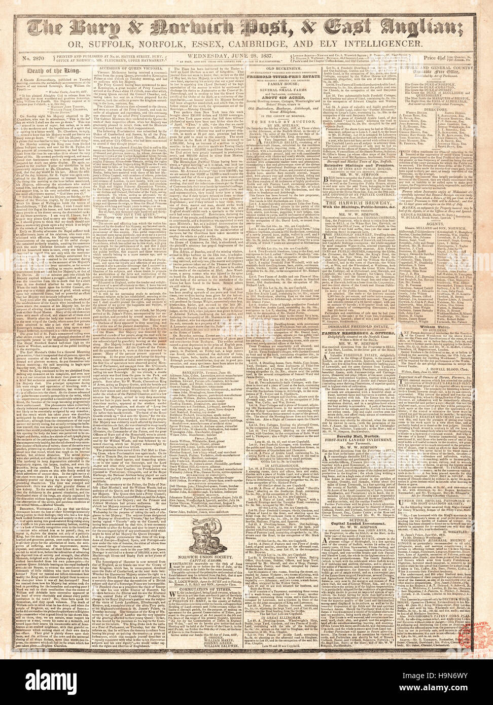 1837 Bury and Norwich Post front page Death of King William IV Stock ...