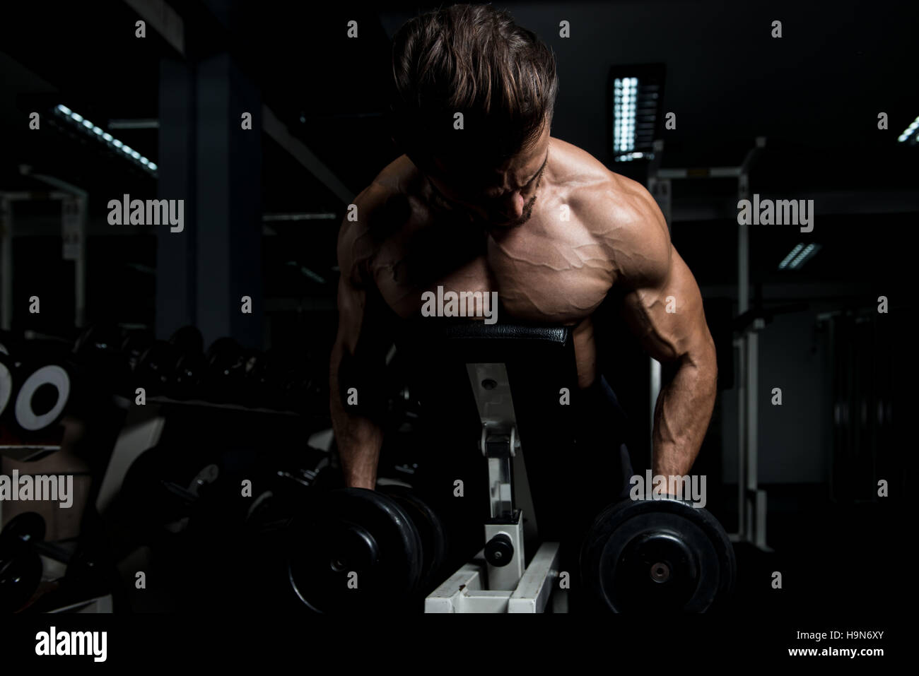 Handsome Bodybuilder Doing Heavy Weight Exercise For Back With ...