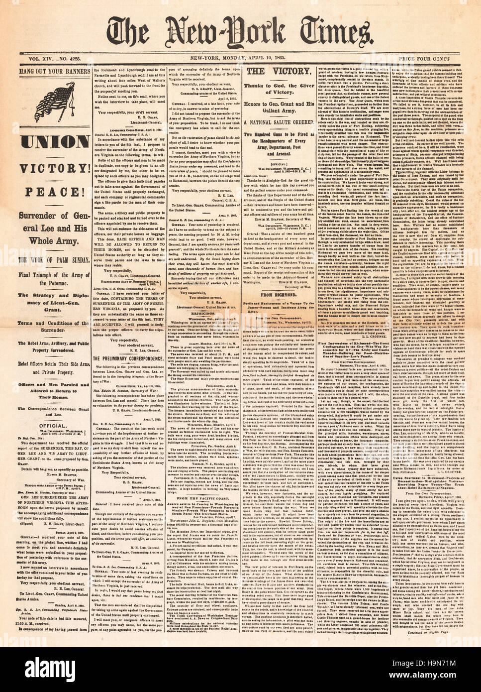 1865 New York Times front page Advertiser Surrender of General Lee ...