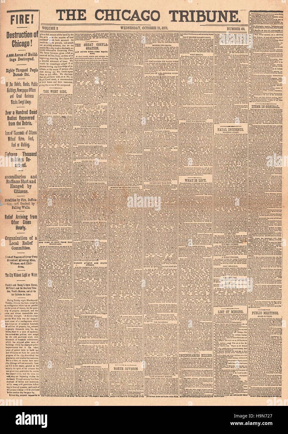 1871 Chicago Tribune front page Great Chicago Fire Stock Photo - Alamy