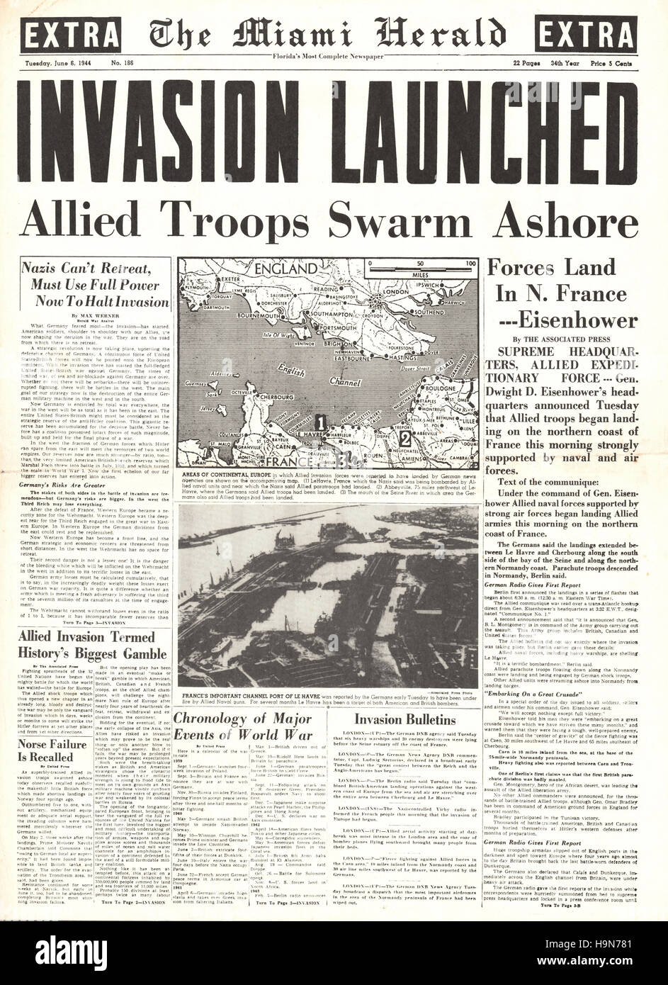 1944 Miami Herald (USA) front page reporting D-Day landings of Allies ...