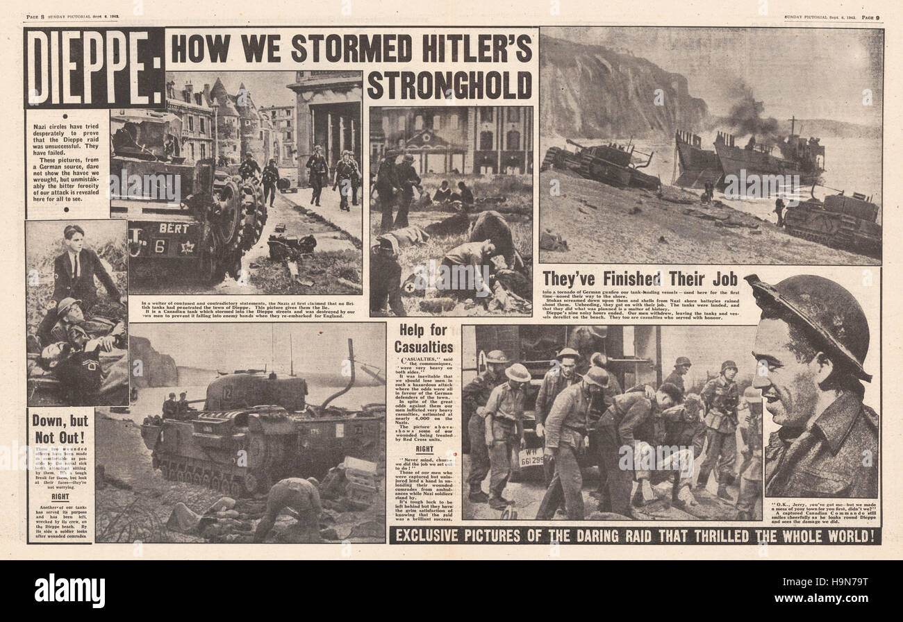 1942 Sunday Pictorial centre page reporting British and Canadian ...