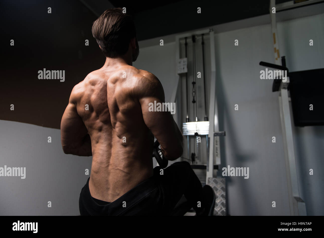Handsome Bodybuilder Doing Heavy Weight Exercise For Back On Machine ...