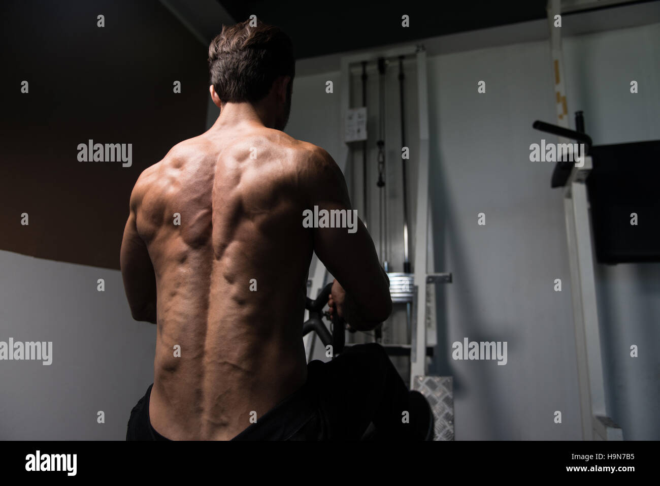 Handsome Bodybuilder Doing Heavy Weight Exercise For Back On Machine ...