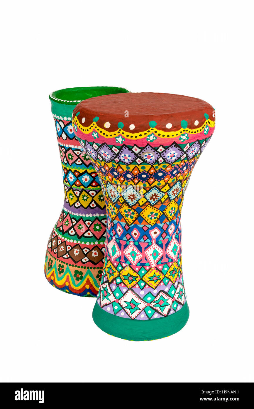 Front view of two colorful painted goblet drums Stock Photo - Alamy