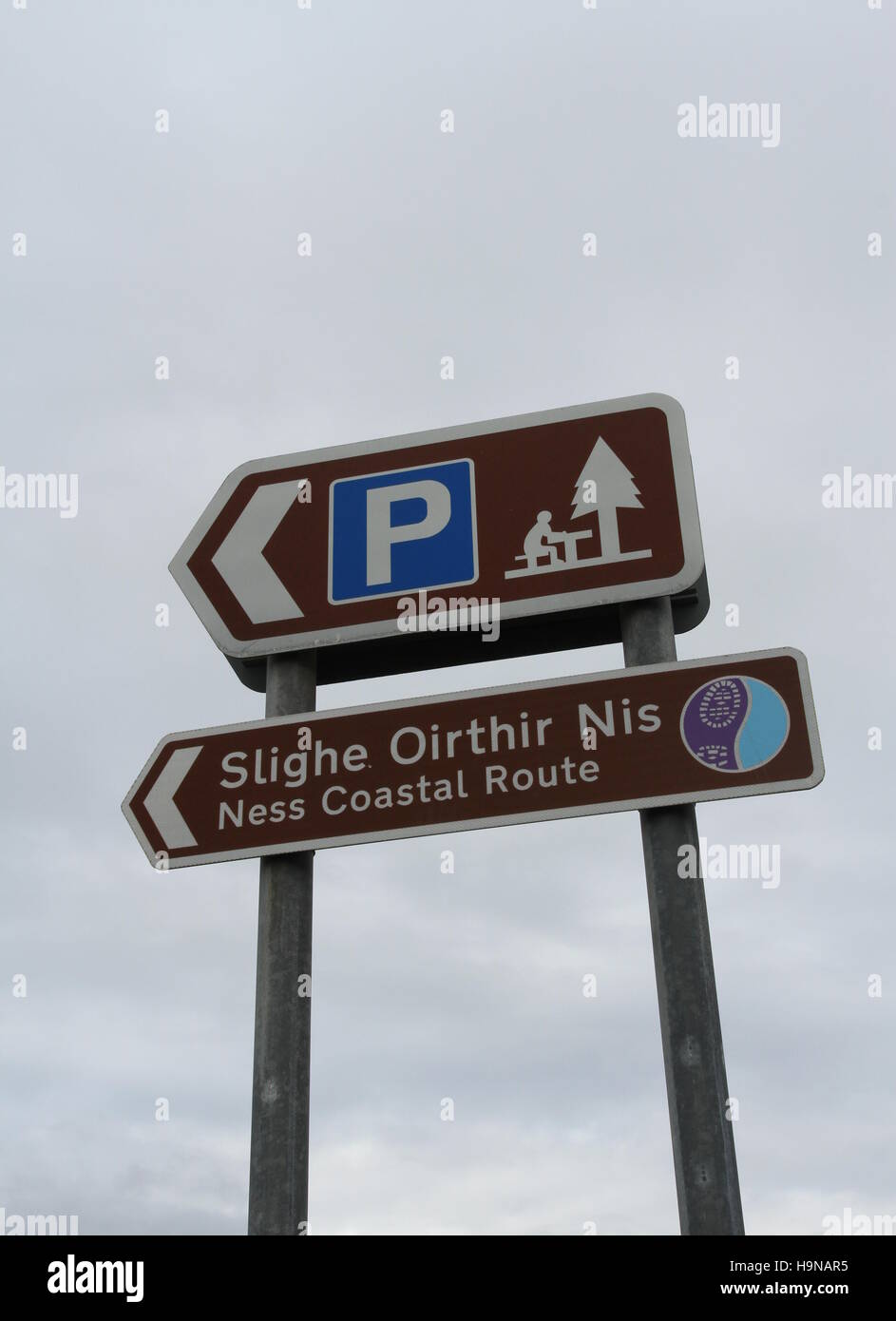 Bilingual tourism sign for Ness Coastal Route Isle of Lewis Scotland ...