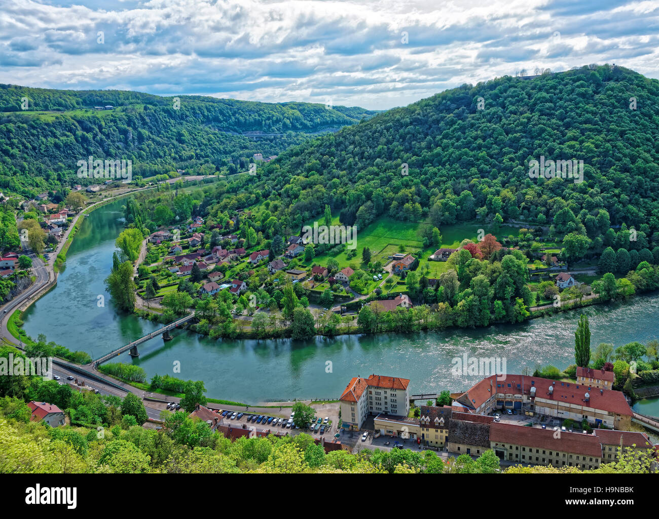 Aerial view of the old city from the citadel in Besancon of Bourgogne ...