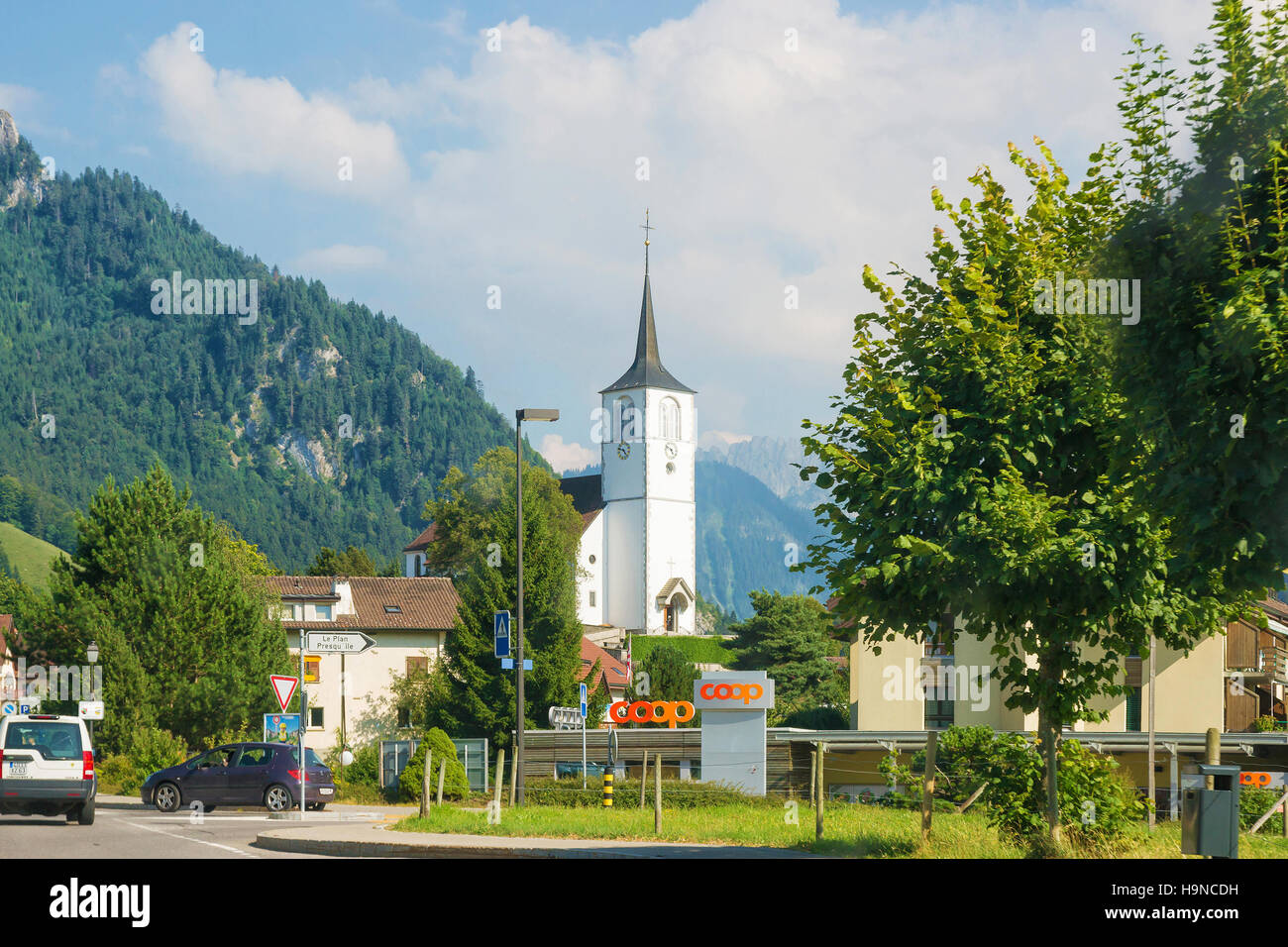 Charmey, Switzerland - August 22, 2013: Church in Charmey village at ...