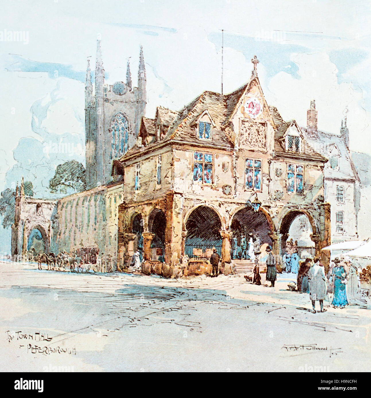 Town Hall, Peterborough, colour half tone illustration from tinted ...