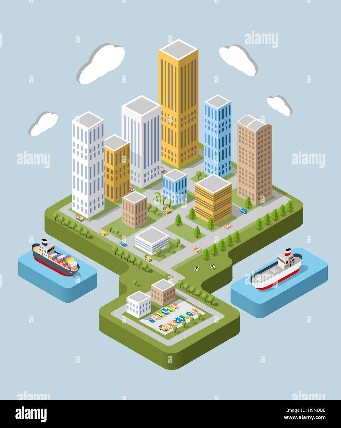 Flat isometric city. Urban neighborhoods, skyscrapers, homes and ...