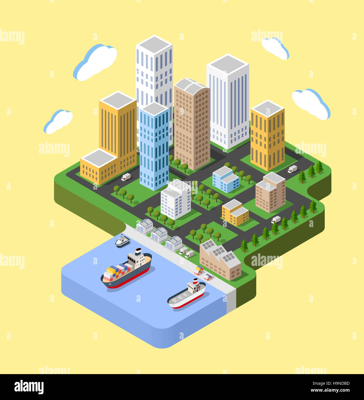 Flat isometric city. Urban neighborhoods, skyscrapers, homes and ...