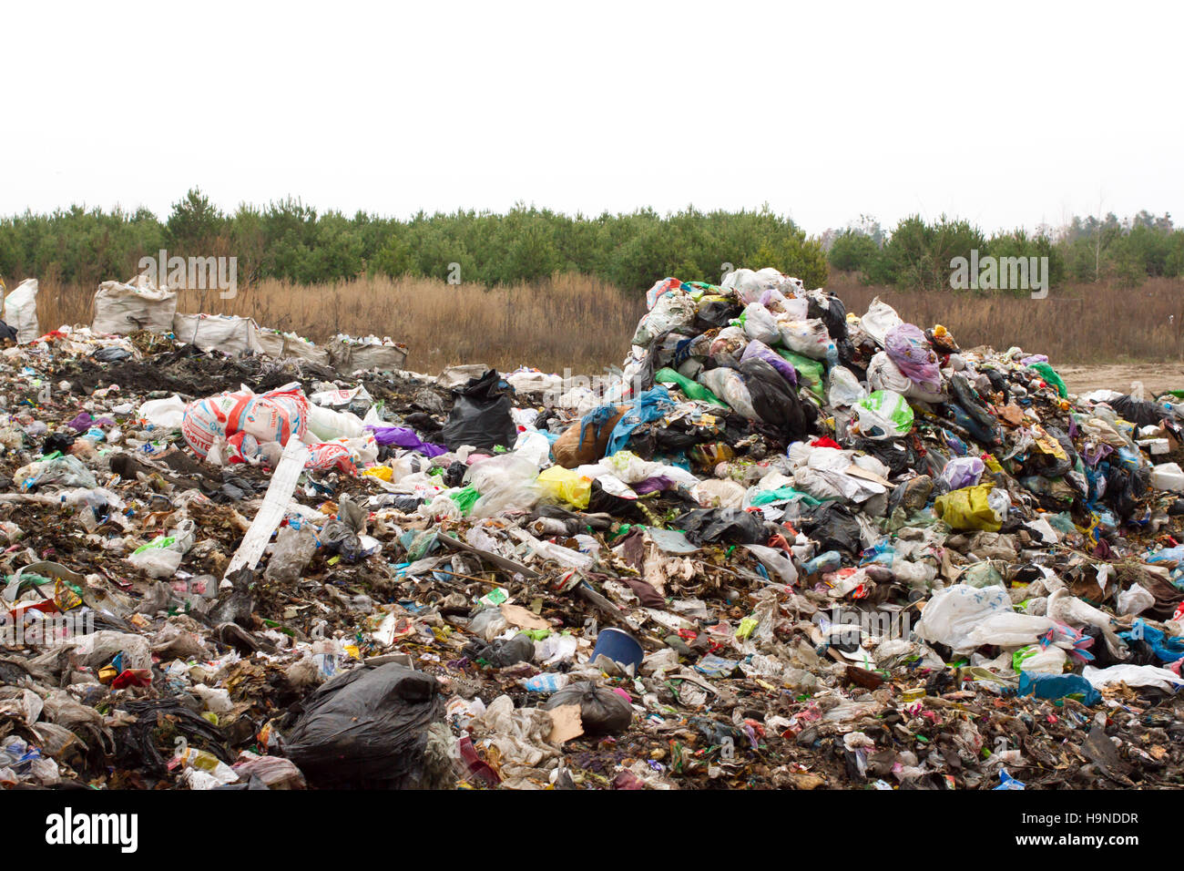 Landfill in Ukraine, piles of plastic dumped in piles. The roads along ...
