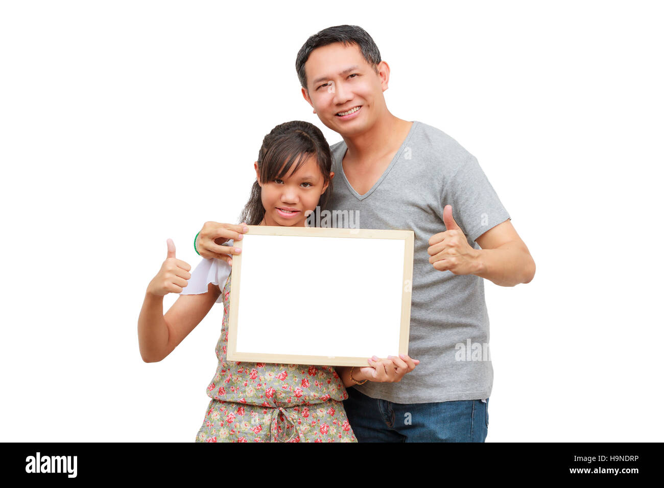 Asian thailand father and daughter smile holding blank board, isolated ...