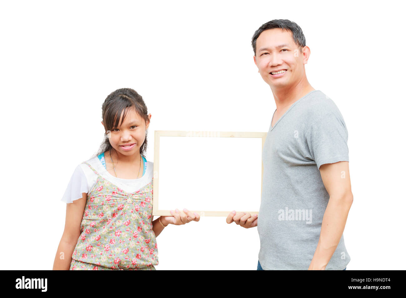 Asian thailand father and daughter smile holding blank board, isolated ...