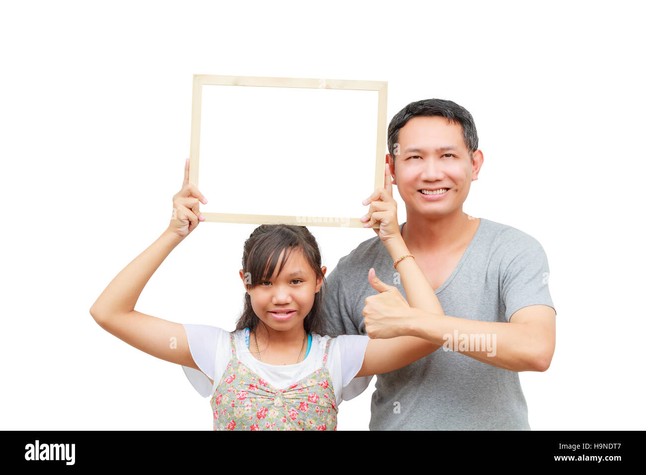 Asian thailand father and daughter smile holding blank board, isolated ...