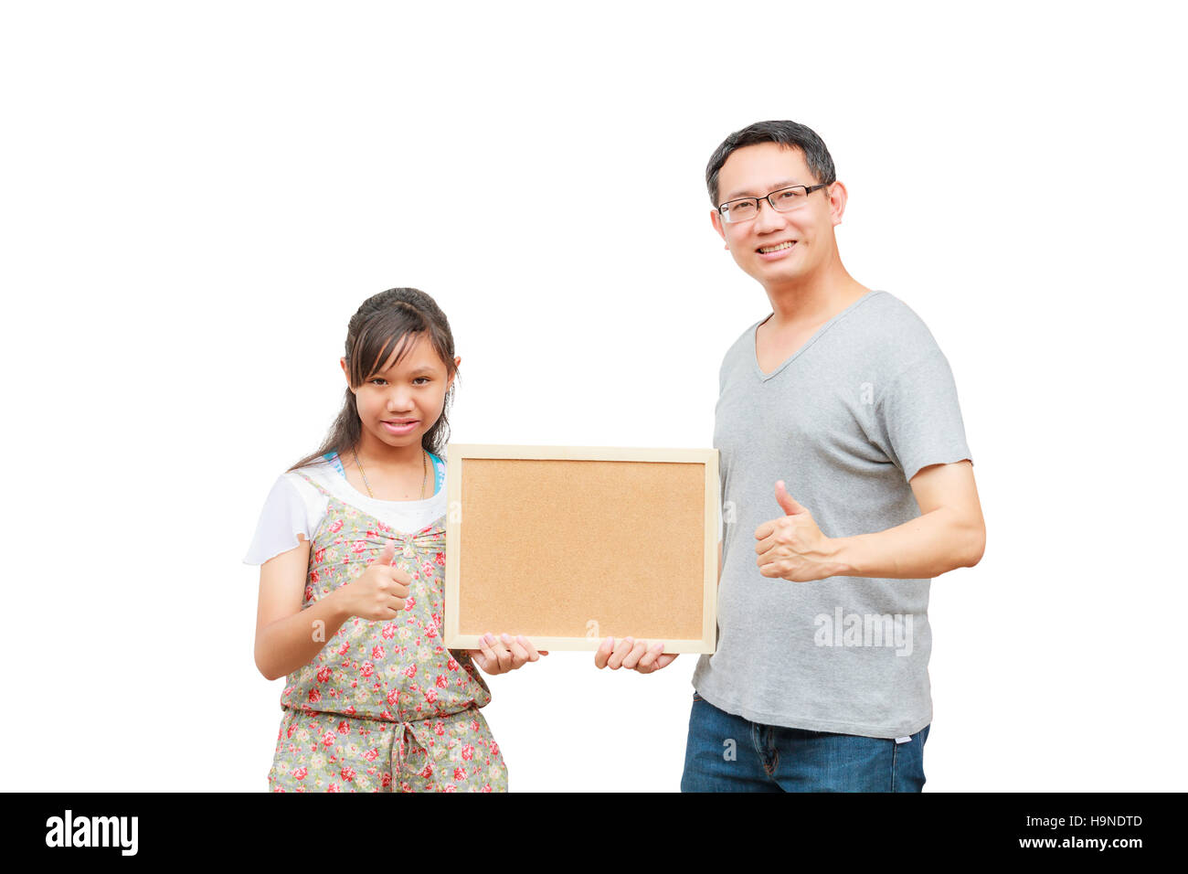 Asian thailand father and daughter smile holding blank board, isolated ...