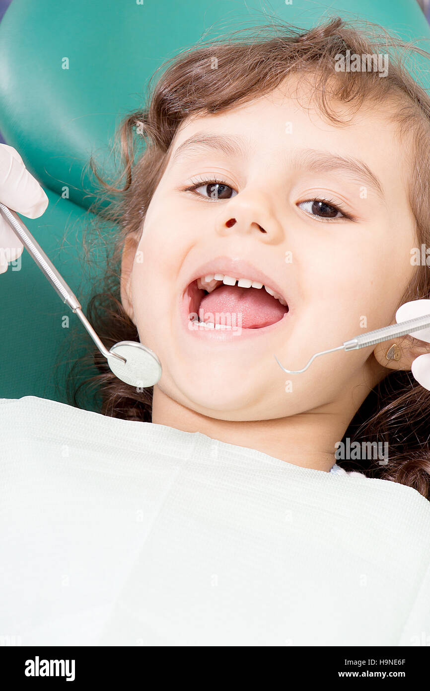 Dentist examining little girl's teeth at dental clinic Stock Photo - Alamy