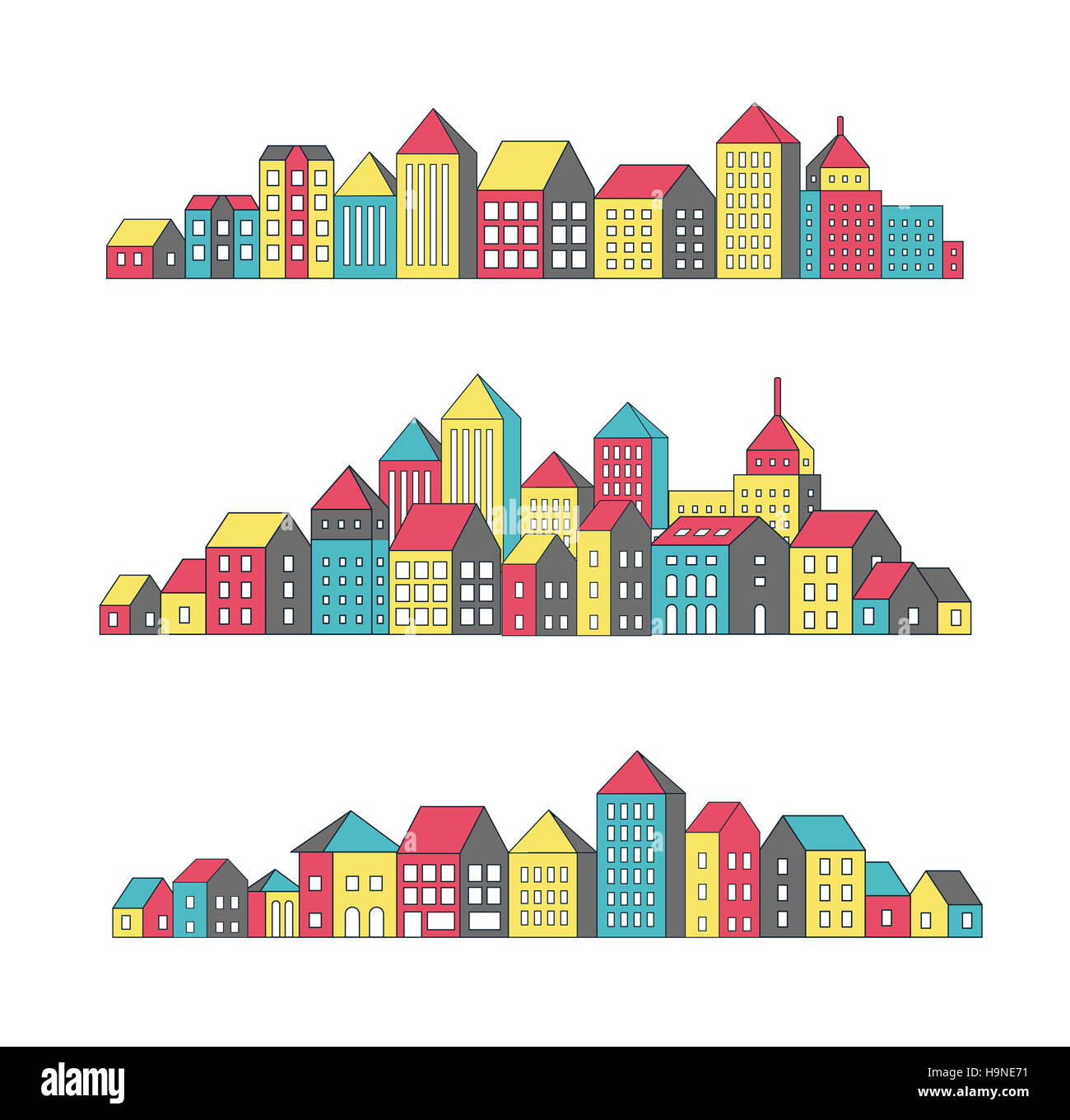 set of linear urban buildings landscape and illustrations of houses and ...