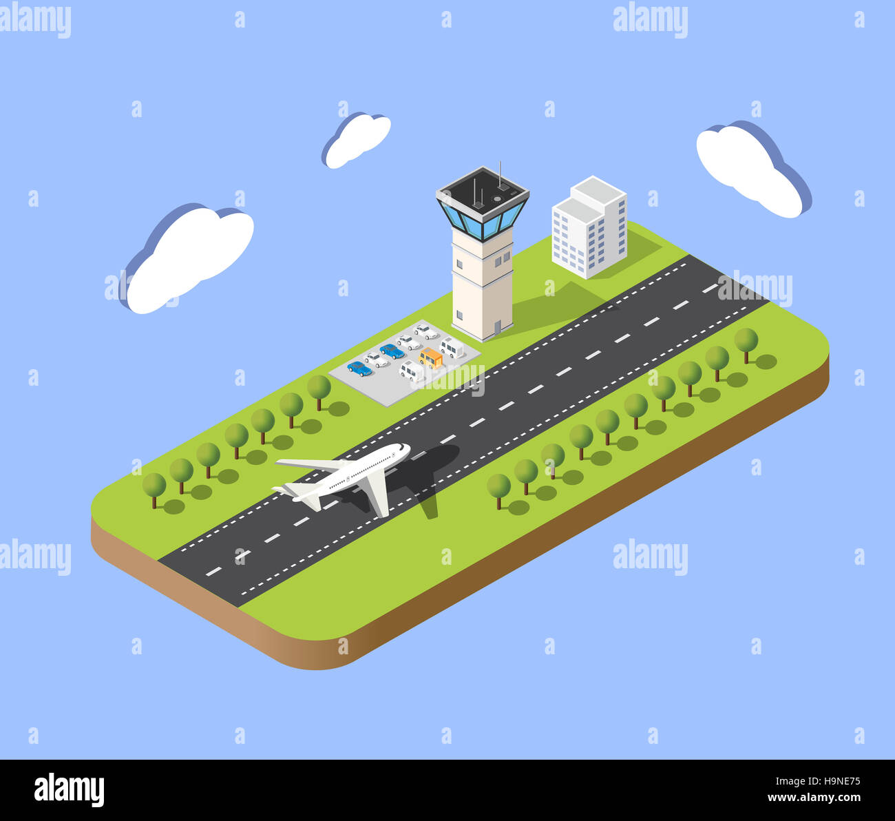 Isometric map of the city airport, the trees and the flight of ...