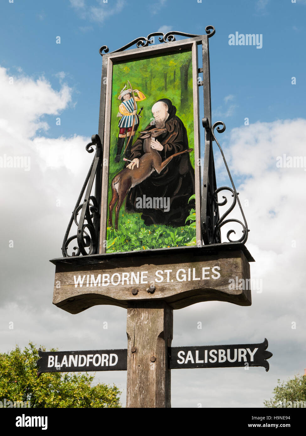 Wimborne St Giles village sign Stock Photo - Alamy