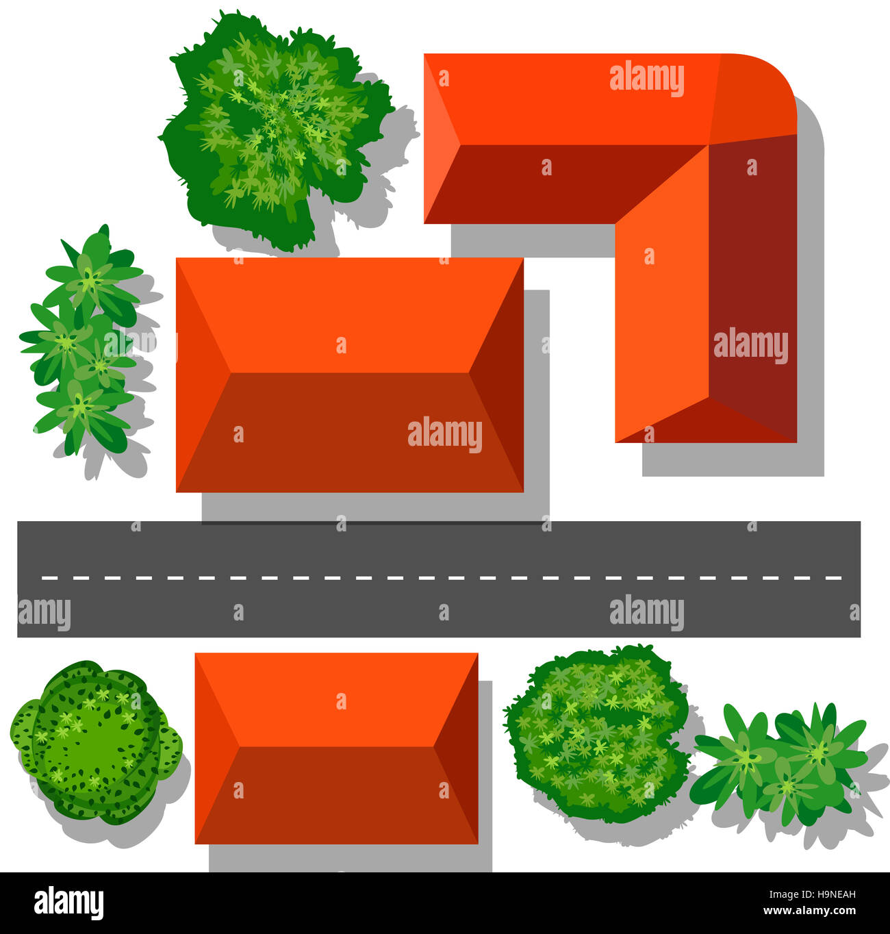 Top view of the city. Urban street with houses and trees Stock Photo ...