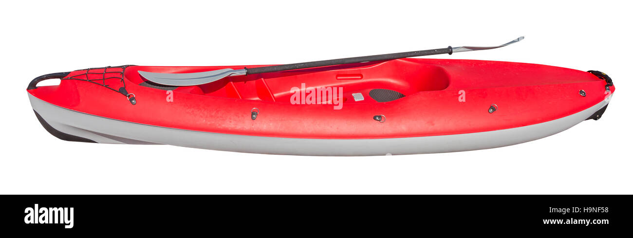 Red crossover kayak (whitewater and river running kayak) and paddle ...