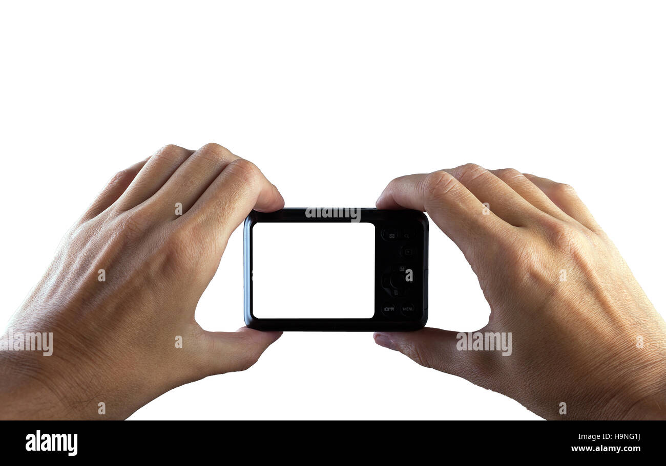 Photo camera in hand isolated on white background Stock Photo - Alamy