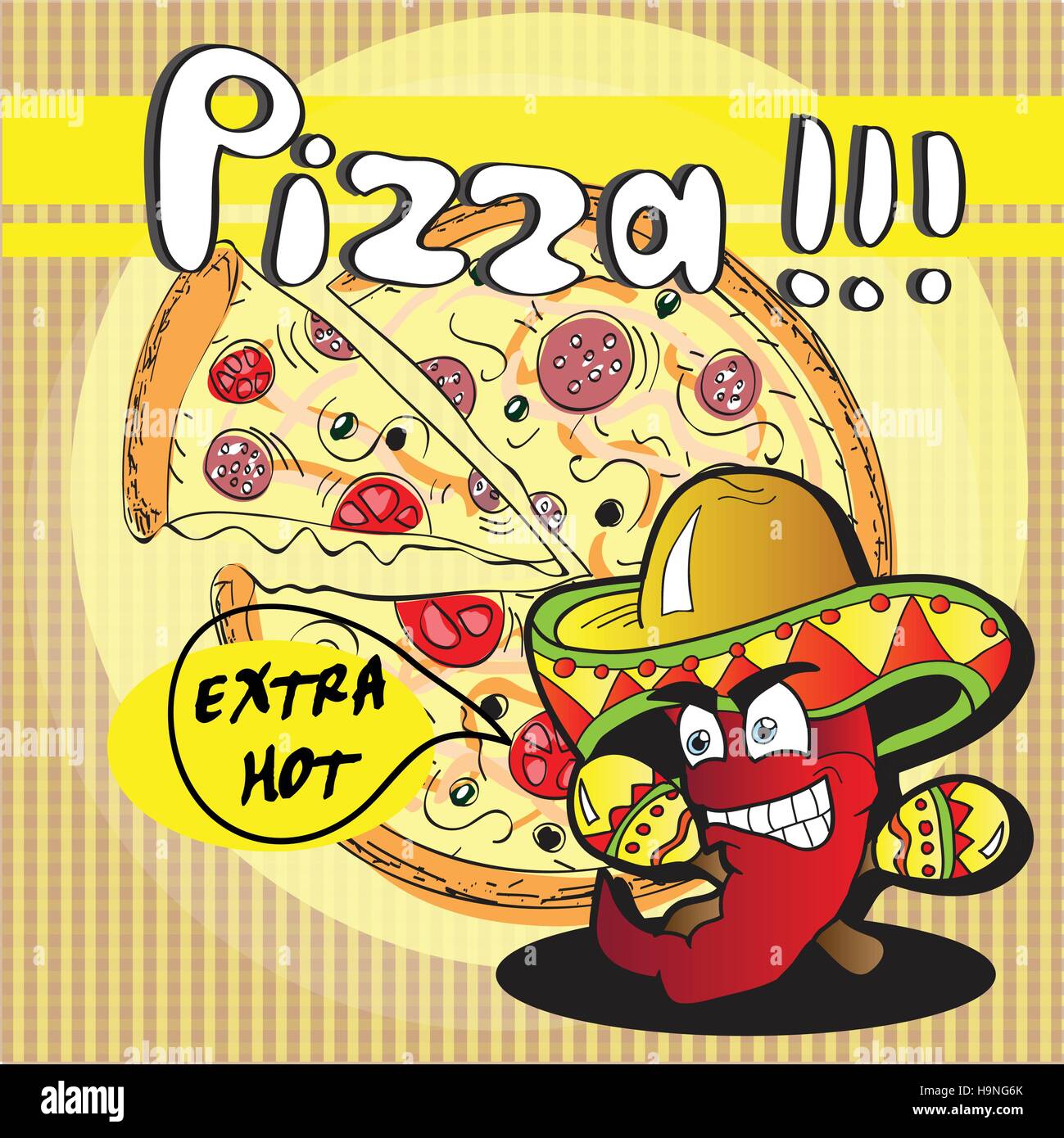 Chile Red Pepper and extra hot Pizza - vector card Stock Vector Image ...